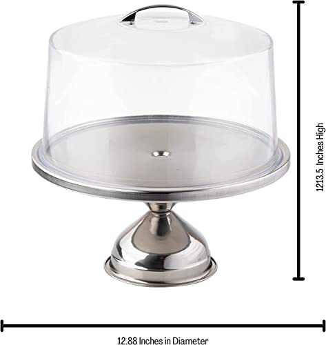 Tablecraft Cake Stand with Dome, Clear Acrylic Shatterproof Lid Cover with Stainless Steel Display Pedestal, Domed to Fit 12 Inches in Diameter Cakes, Pies and Pastry, Commercial Restaurant Use