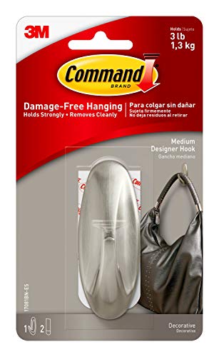 Command Medium Designer Hooks, Brushed Nickel, 1-Hook, 2-Strips, Decorate Damage-Free