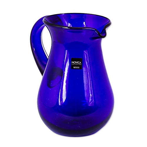 NOVICA Large Blue Hand Blown Glass Pitcher For Water, Margaritas, Lemonade, 82 Oz, 'Cobalt Charm'