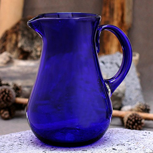 NOVICA Large Blue Hand Blown Glass Pitcher For Water, Margaritas, Lemonade, 82 Oz, 'Cobalt Charm'