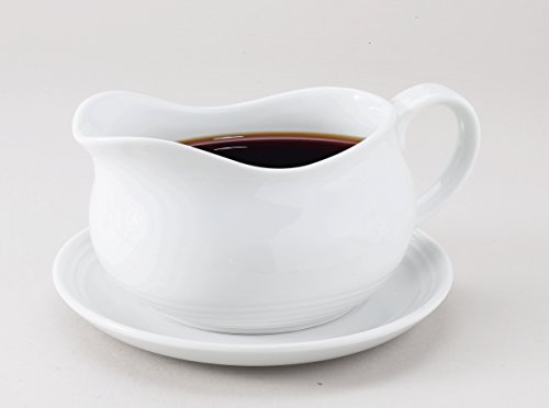 HIC Hotel Gravy Sauce Boat with Saucer Stand, Fine White Porcelain, 24-Ounces