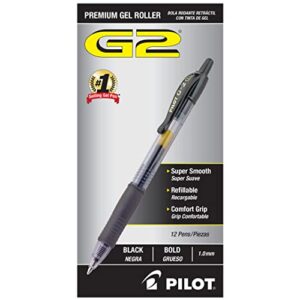 pilot g2 premium refillable & retractable rolling ball gel pens, bold point, black ink, 12 count (pack of 1)