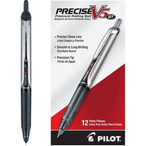 pilot pen 26062 precise v5 rt refillable & retractable liquid ink rolling ball pens, extra fine point (0.5mm) black ink, 12-pack