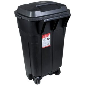 rubbermaid roughneck heavy-duty wheeled trash can with lid, 34-gallon, black, for outdoor use