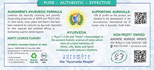 Auromere Ayurvedic Herbal Toothpaste, Classic Licorice Flavor - Vegan, Natural, Non GMO, Fluoride Free, Gluten Free, with Neem & Peelu (4.16 oz), 4 Pack