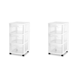 sterilite 28308002 3 drawer cart, white frame with clear drawers and black casters, 2-pack