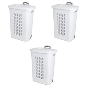 sterilite 12228003 ultra wheeled hamper, white lid & base w/ plastic handle & wheels, 3-pack