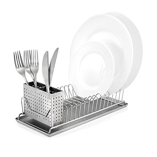 Polder 3-Piece Compact Dish Rack Includes Utensil Holder, Wire Rack and Rimmed Catch Tray - 100% Stainless Stel