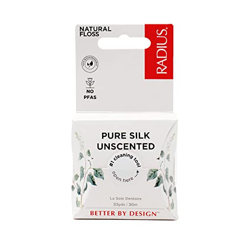 RADIUS Natural Unscented Silk Dental Floss 33 Yards Compostable Non-Toxic Oral Care & Designed to Help Fight Plaque Clear - Pack of 3