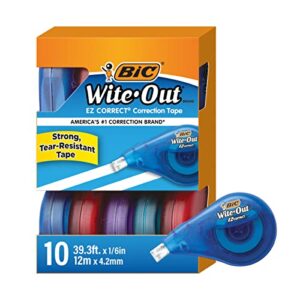 bic wite-out brand ez correct correction tape, 39.3 feet, 10-count pack of white correction tape, fast, clean and easy to use tear-resistant tape office or school supplies