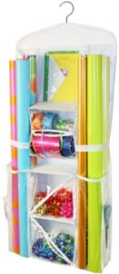 gift wrap organizer – storage for wrapping paper (all sized rolls), gift bags, bows, ribbon and more – organize your closet with this hanging bag & box to have organization, clear pockets & hook hangs