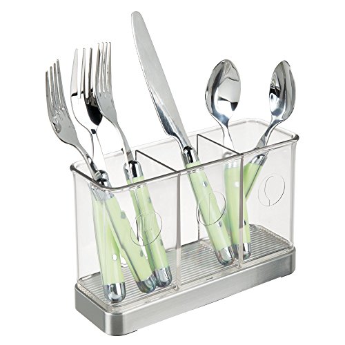 iDesign Utensil Holder and Silverware Organizer for Kitchen Countertop Storage The Forma Collection, 4.9" x 2.7" x 7.6", Clear/Stainless Steel