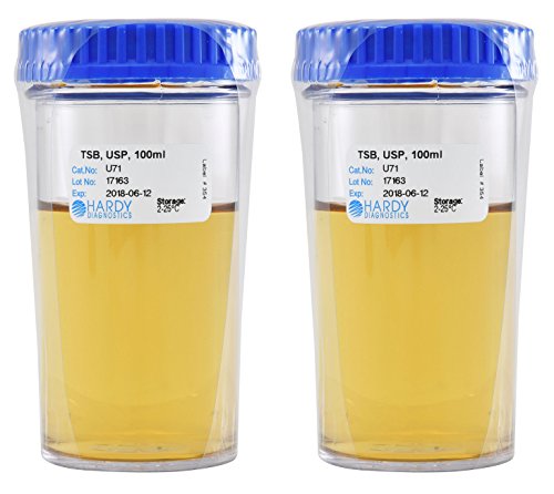 Hardy Diagnostics - U71 Tryptic Soy Broth (TSB), USP, 100 Milliliter Fill, 180 Milliliter Wide Mouth Polycarbonate Jar, Order by the Package of 12, by