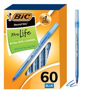 bic round stic xtra life blue ballpoint pens, medium point (1.0mm), 60-count pack of bulk pens, flexible round barrel for writing comfort, no. 1 selling ballpoint pens