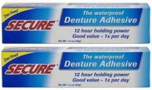 secure waterproof denture adhesive – zinc free – extra strong hold for upper, lower or partials – 1.4 oz (pack of 2)