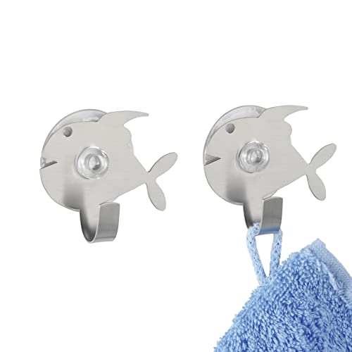 WENKO 4466240100 Dulled Stainless Steel Suction Hooks, 2-Piece, 5.5 x 6.5 x 2.5 cm, Fish