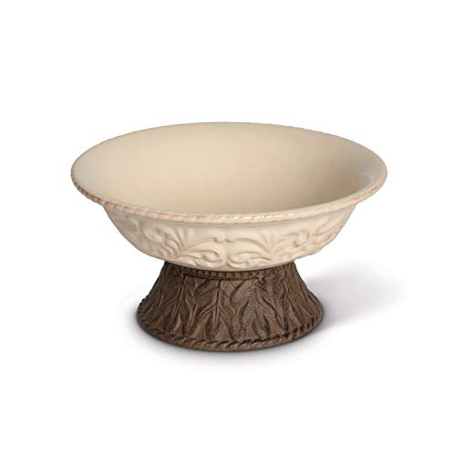 Detailed Embossed Cream Ceramic 9.5-Inch Dia. Bowl With Beautiful Acanthus Leaf Scrolled Metal Base