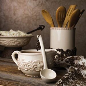 Detailed Embossed Cream Ceramic 9.5-Inch Dia. Bowl With Beautiful Acanthus Leaf Scrolled Metal Base