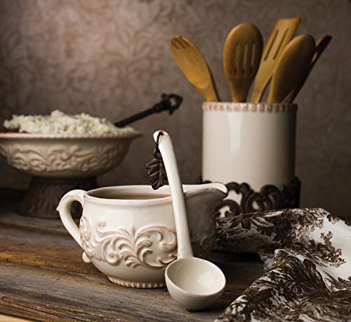 Detailed Embossed Cream Ceramic 9.5-Inch Dia. Bowl With Beautiful Acanthus Leaf Scrolled Metal Base