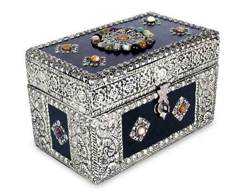 NOVICA Repousse Brass Velvet Lined Jewelry Box with Tray and Lock, Treasure Chest'