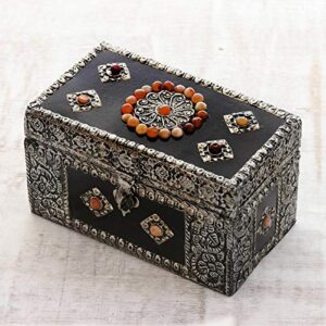 NOVICA Repousse Brass Velvet Lined Jewelry Box with Tray and Lock, Treasure Chest'