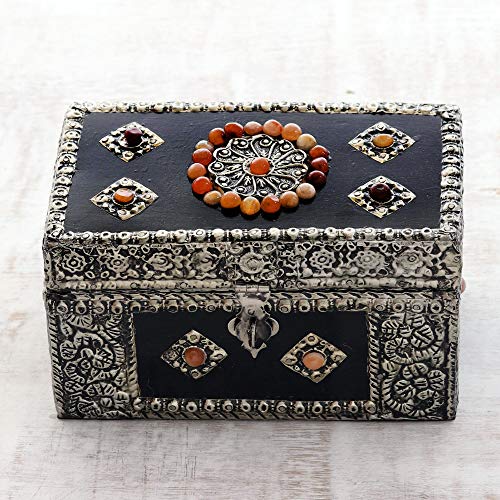 NOVICA Repousse Brass Velvet Lined Jewelry Box with Tray and Lock, Treasure Chest'