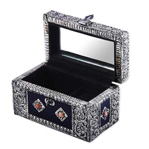 NOVICA Repousse Brass Velvet Lined Jewelry Box with Tray and Lock, Treasure Chest'