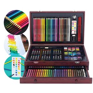 art 101 doodle and color 142 pc art set in a wood carrying case, includes 24 premium colored pencils, a variety of coloring and painting mediums: crayons, oil pastels, watercolors; portable art studio