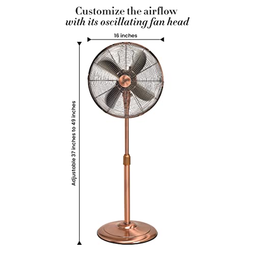 Deco Breeze DBF0209 Pedestal Standing 3 Speed Oscillating Fan with Adjustable Height, 16 Inches, Brushed Copper