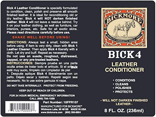 Bick 4 Leather Conditioner and Leather Cleaner 8 oz - Will Not Darken Leather - Safe of Leather Apparel, Furniture, Jackets, Shoes, Auto Interiors, Bags & All Other Leather Accessories