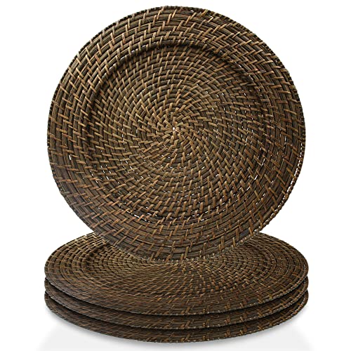 Jay Import Round Rattan Chargers Set of 4 Decorative Service Plates for Home, Professional Fine Dining Perfect for Events & Dinner Parties, Brick Brown, 13" " x 13" " x 0.5"