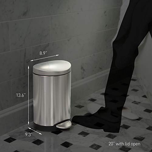 simplehuman 6 Liter / 1.6 Gallon Semi-Round Bathroom Step Trash Can, Brushed Stainless Steel