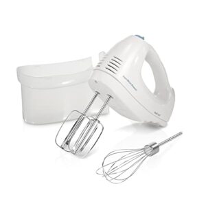 hamilton beach 6-speed electric hand mixer with whisk, traditional beaters, snap-on storage case, white