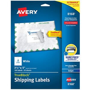 avery shipping address labels, inkjet printers, 100 labels, 3-1/2 x 5, permanent adhesive, trueblock (8168), white