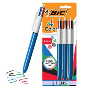 bic 4 color ballpoint pen, medium point (1.0mm), 4 colors in 1 set of multicolor pens, 3-count pack of refillable pens for journaling and organizing