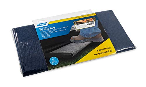 Camco Wrap Around Step Rug | Protects Your RV from Unwanted Tracked in Dirt | Works on Electrical and Manual RV Steps | Blue (42924)