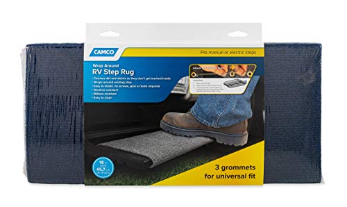 Camco Wrap Around Step Rug | Protects Your RV from Unwanted Tracked in Dirt | Works on Electrical and Manual RV Steps | Blue (42924)