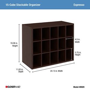 ClosetMaid 15 Cube Stackable Storage Organizer for Shoes, Bags, Crafts, Hobbies with Wood Shelves, for Closet, Entryway or Mudroom, Espresso