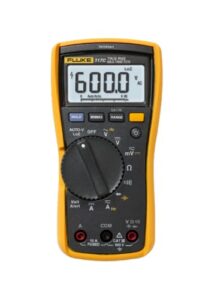 fluke 117 digital multimeter, non-contact ac voltage detection, measures resistance/continuity/frequency/capacitance/min max average, automatic ac/dc voltage selection, low impedance mode