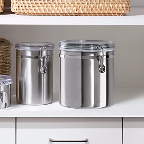 OGGI Stainless Steel Kitchen Canister 47oz - Airtight Clamp Lid, Clear See-Thru Top - Ideal for Kitchen Storage, Food Storage, Pantry Storage. Large Size 5" x 6"