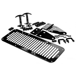 rampage complete hood kit | includes: hood stops, hinges, vent, footman loop & windshield tie downs, black | 7699 | fits 1978 – 1995 jeep cj & wrangler yj