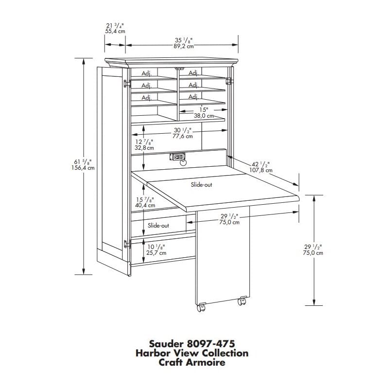 Sauder Harbor View Craft and Sewing Armoire with Table, Antiqued White finish