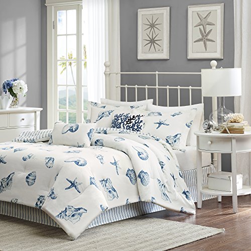 Harbor House Cozy Cotton Comforter Set - Coastal, All Season Down Alternative Casual Bedding with Matching Shams, Decorative Pillows, Beach House, Reversible Seashell Blue Twin(72"x90") 3 Piece