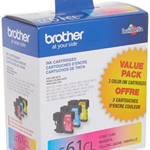 Brother Genuine Standard Yield Color -Ink -Cartridges, LC613PKS, Replacement 3 Pack of Color -Ink, Includes 1-Cartridge Each of Cyan, Magenta & Yellow, Page Yield Up To 325 Pages/ -Cartridge, LC61, Tricolor