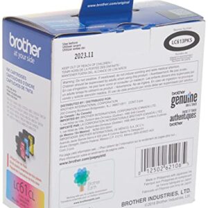 Brother Genuine Standard Yield Color -Ink -Cartridges, LC613PKS, Replacement 3 Pack of Color -Ink, Includes 1-Cartridge Each of Cyan, Magenta & Yellow, Page Yield Up To 325 Pages/ -Cartridge, LC61, Tricolor