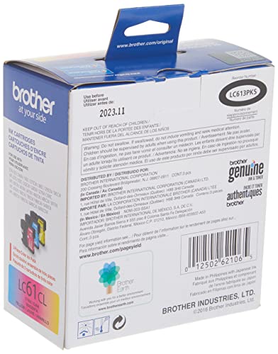 Brother Genuine Standard Yield Color -Ink -Cartridges, LC613PKS, Replacement 3 Pack of Color -Ink, Includes 1-Cartridge Each of Cyan, Magenta & Yellow, Page Yield Up To 325 Pages/ -Cartridge, LC61, Tricolor