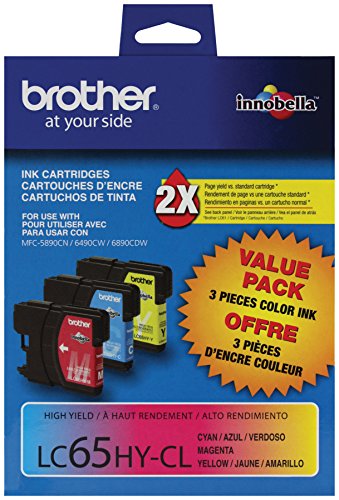 Brother LC65HYCL High-Yield 3-Pack -Ink Cartridge, 900 Page-Yield, Cyan Magenta Yellow