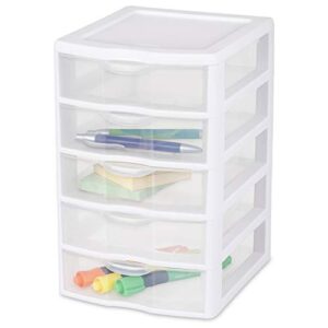 Sterilite 20758004 Small 5 Drawer Unit, White Frame with Clear Drawers, 4-Pack