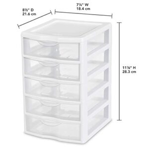 Sterilite 20758004 Small 5 Drawer Unit, White Frame with Clear Drawers, 4-Pack