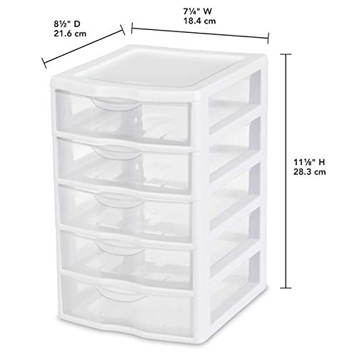 Sterilite 20758004 Small 5 Drawer Unit, White Frame with Clear Drawers, 4-Pack